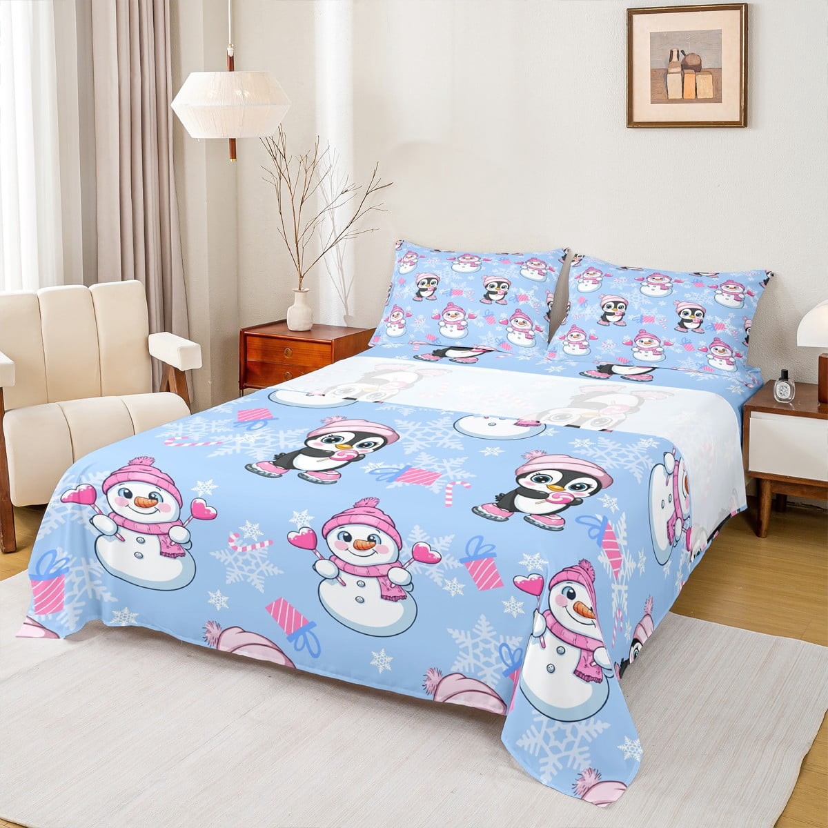 jejeloiu Marry Xmas Queen Sheet Sets,Christmas Theme Flat Sheet,Cartoon ...