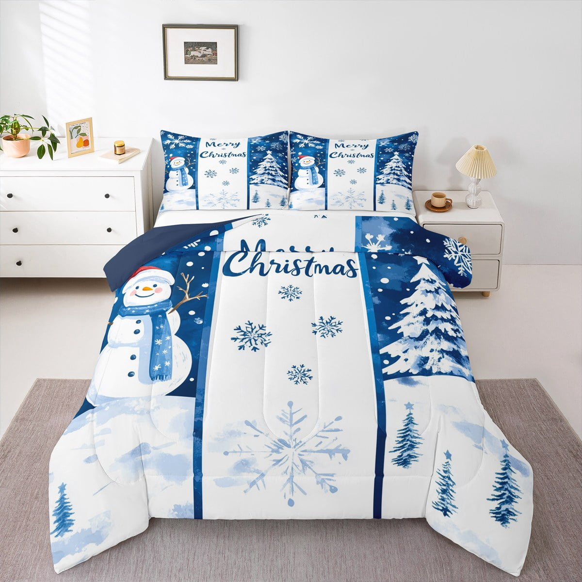 jejeloiu Merry Christmas Bedding Comforter Set,Kawaii Xmas Snowmen Twin ...