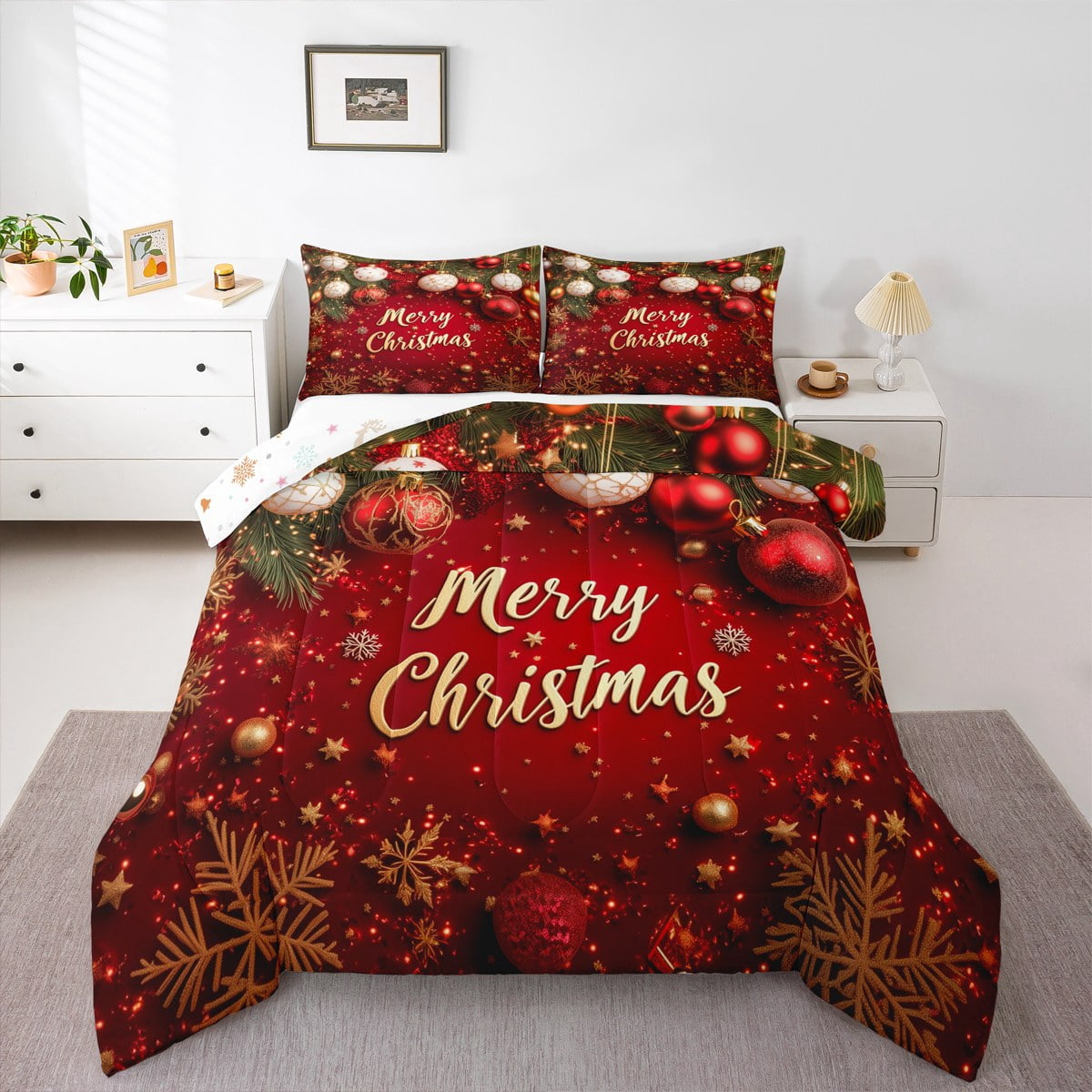 jejeloiu Merry Christmas Bedding Comforter Set,Red Xmas Balls Twin ...