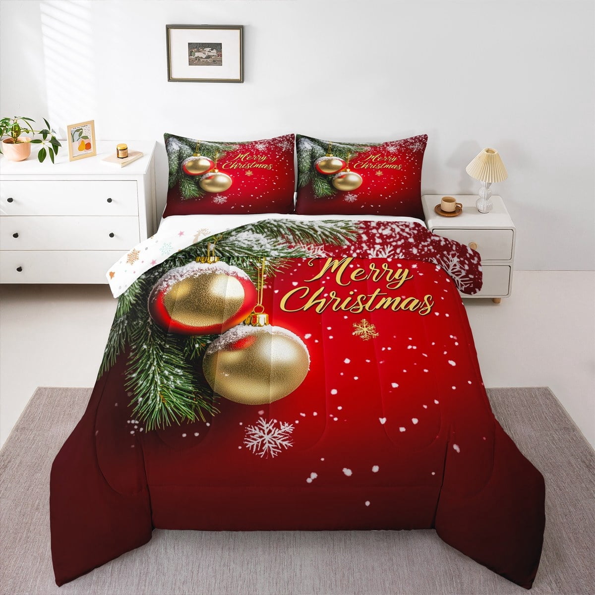 jejeloiu Merry Christmas Full Size Comforter Sets,Gold Xmas Ball ...