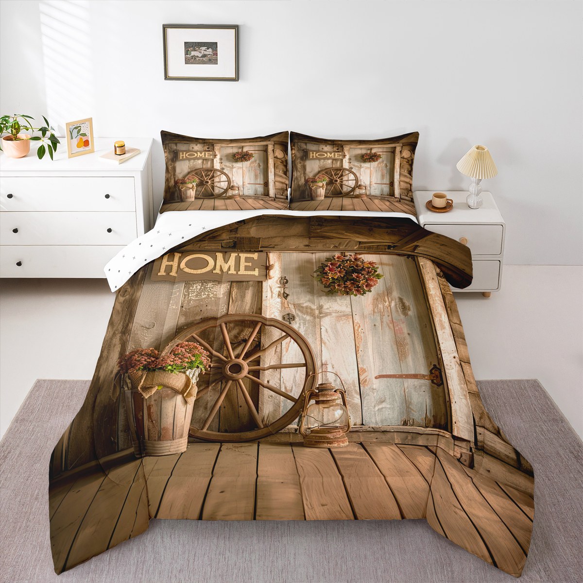 jejeloiu Mid-Century Wood Boards Bedding Comforter Set,Chic Pink Flower ...