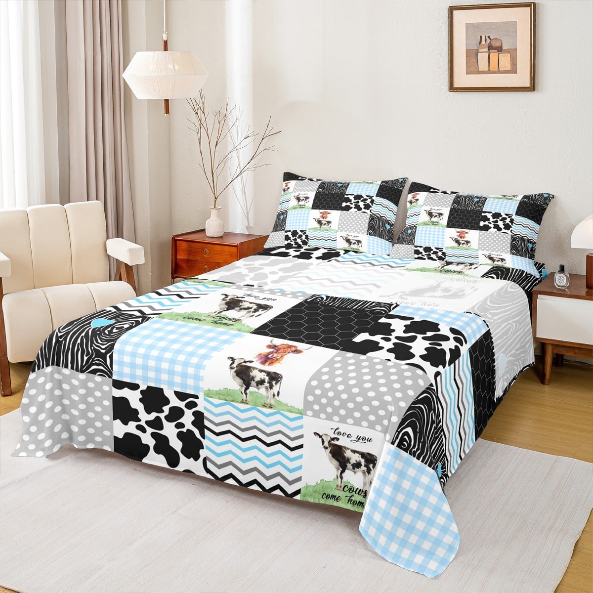 jejeloiu Milk Cow Bed Sheets,Rustic Farm Animal King Sheets,Geometric ...