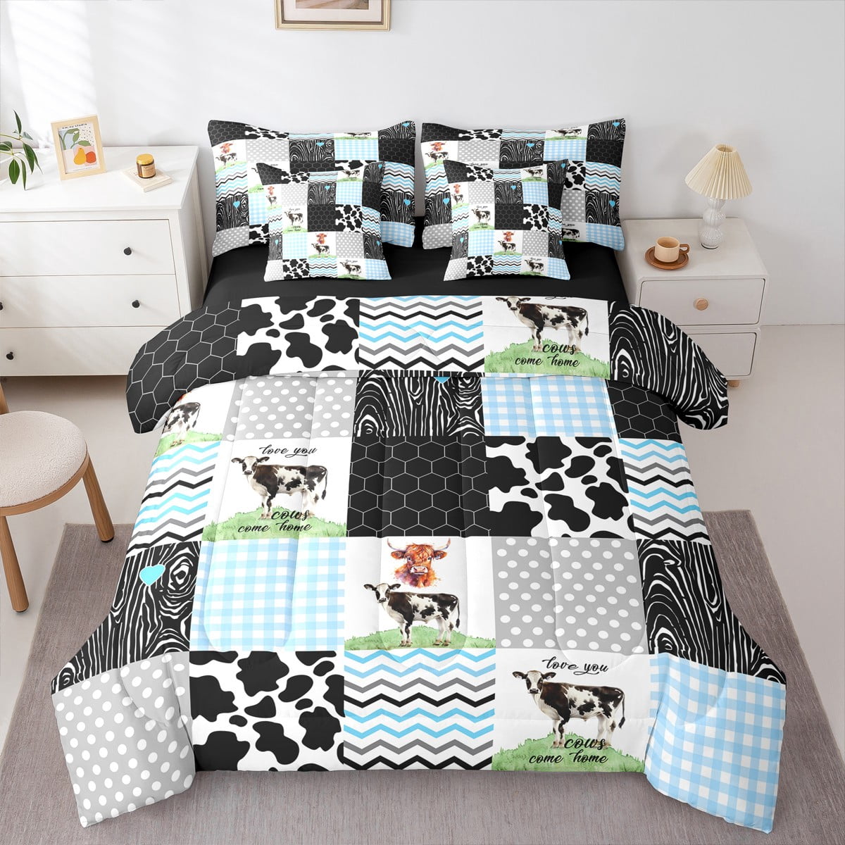 jejeloiu Milk Cow Bedding Comforter Set 7-Piece,Rustic Farm Animal King ...