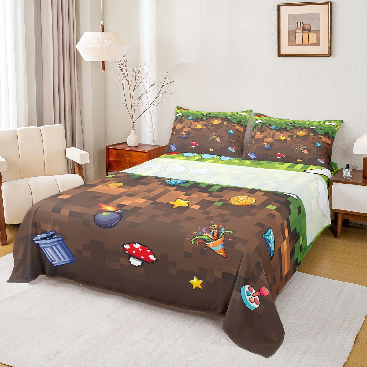 jejeloiu Miners Games Queen Sheet Sets,Pixelated Check Flat Sheet ...