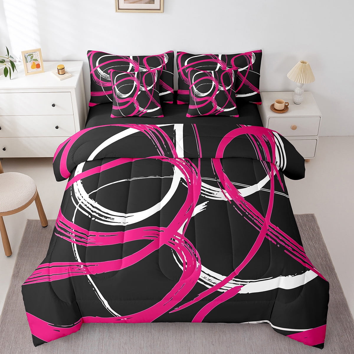 jejeloiu Minimalism Abstract Lines Bedding Comforter Set,7 Pieces ...