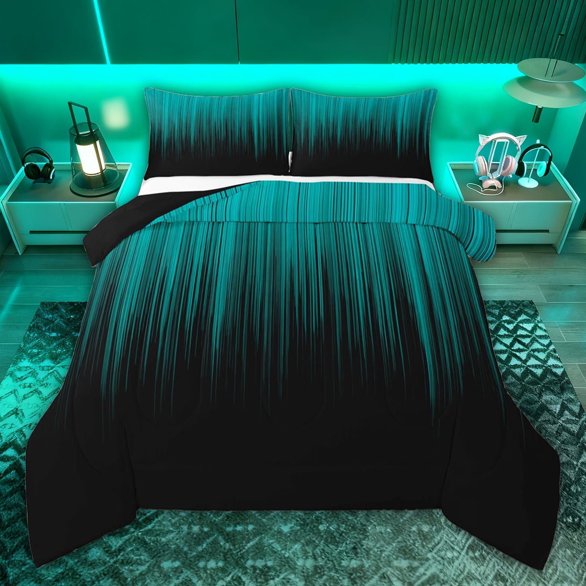 jejeloiu Modern Abstract Striped Queen Comforter Set,Cyan Black Bedding ...