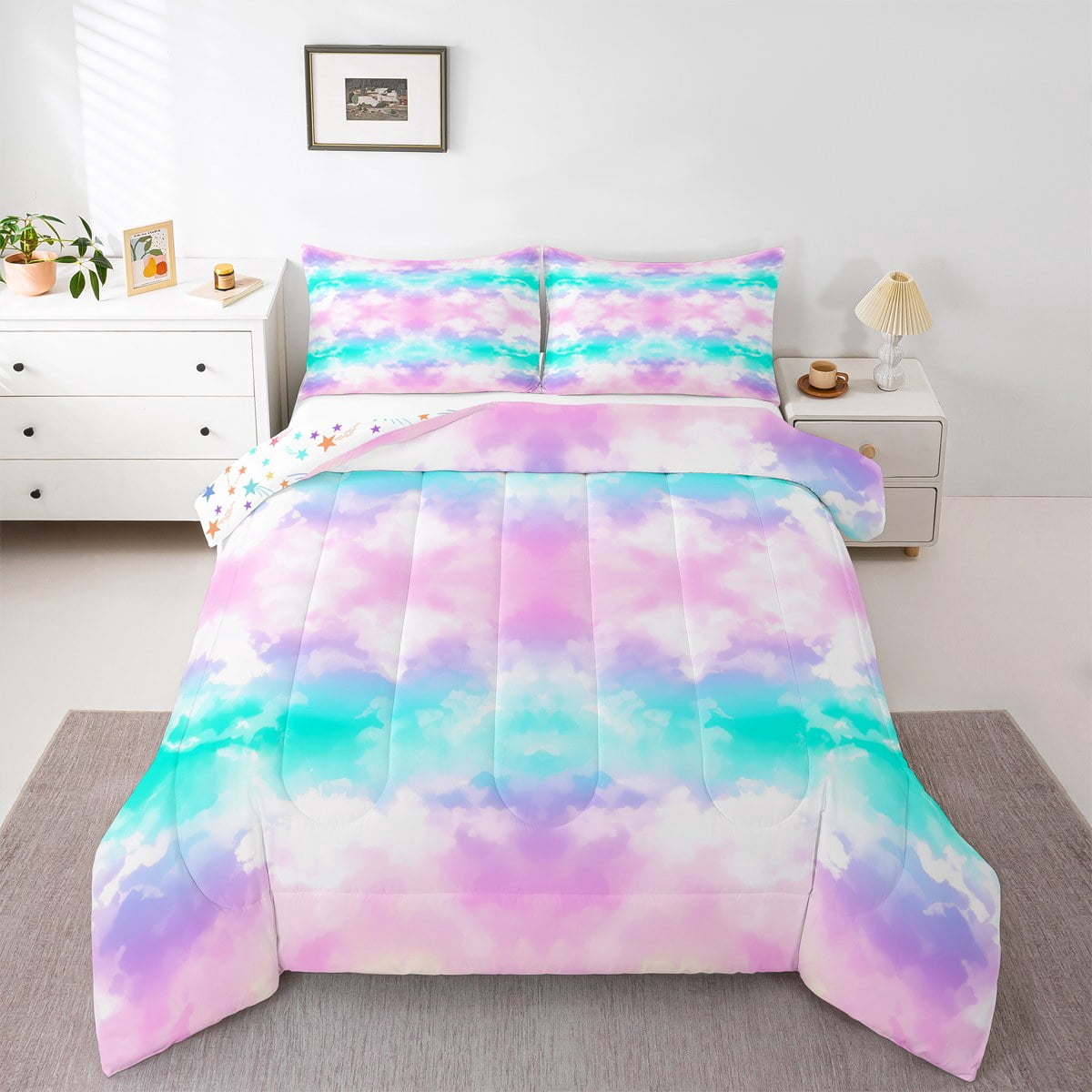 jejeloiu Modern Aesthetic Pastel Bedding Comforter Set,Watercolor Tie ...