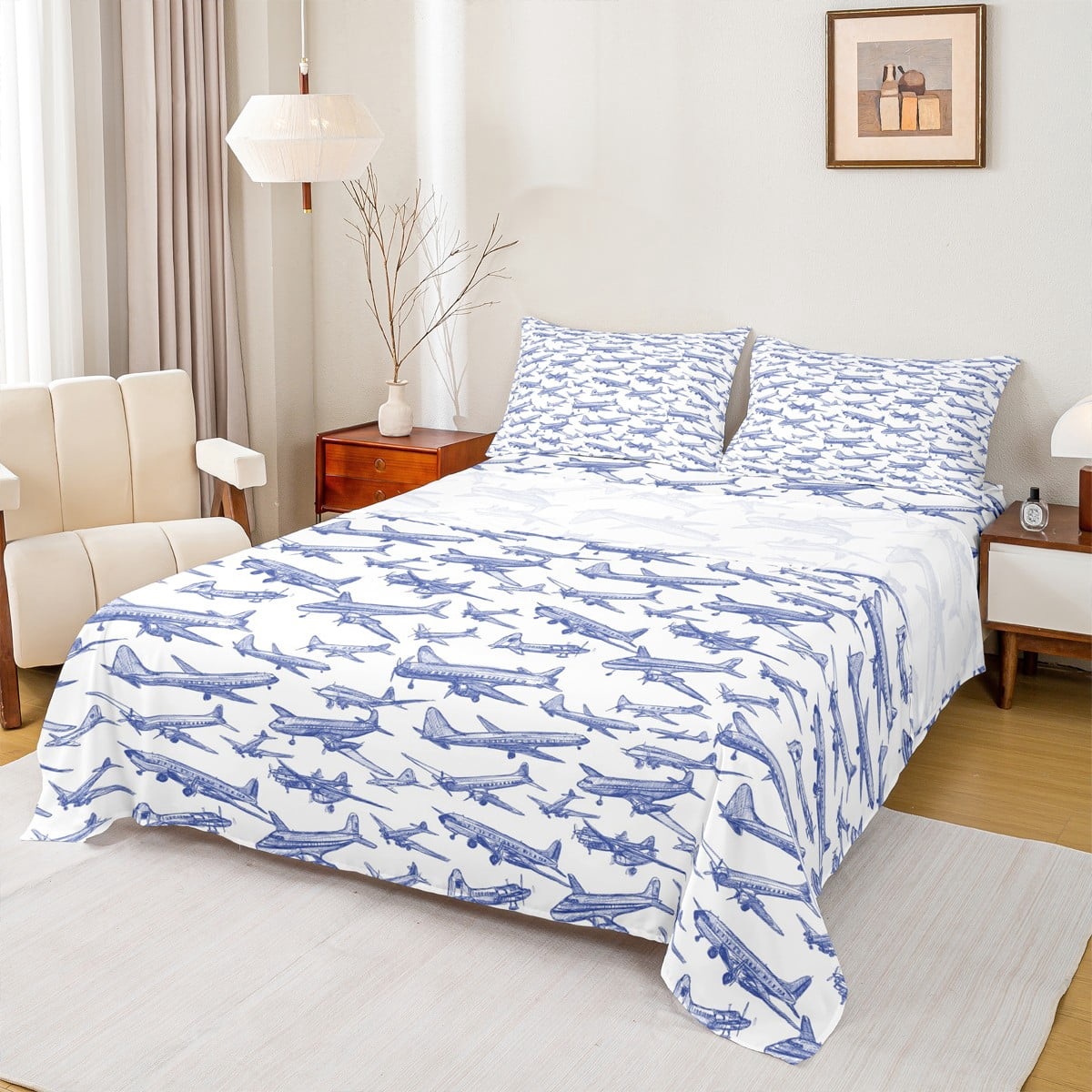 jejeloiu Modern Airplane Full Size Sheets,Sketch Art Bed Sheets,Blue ...
