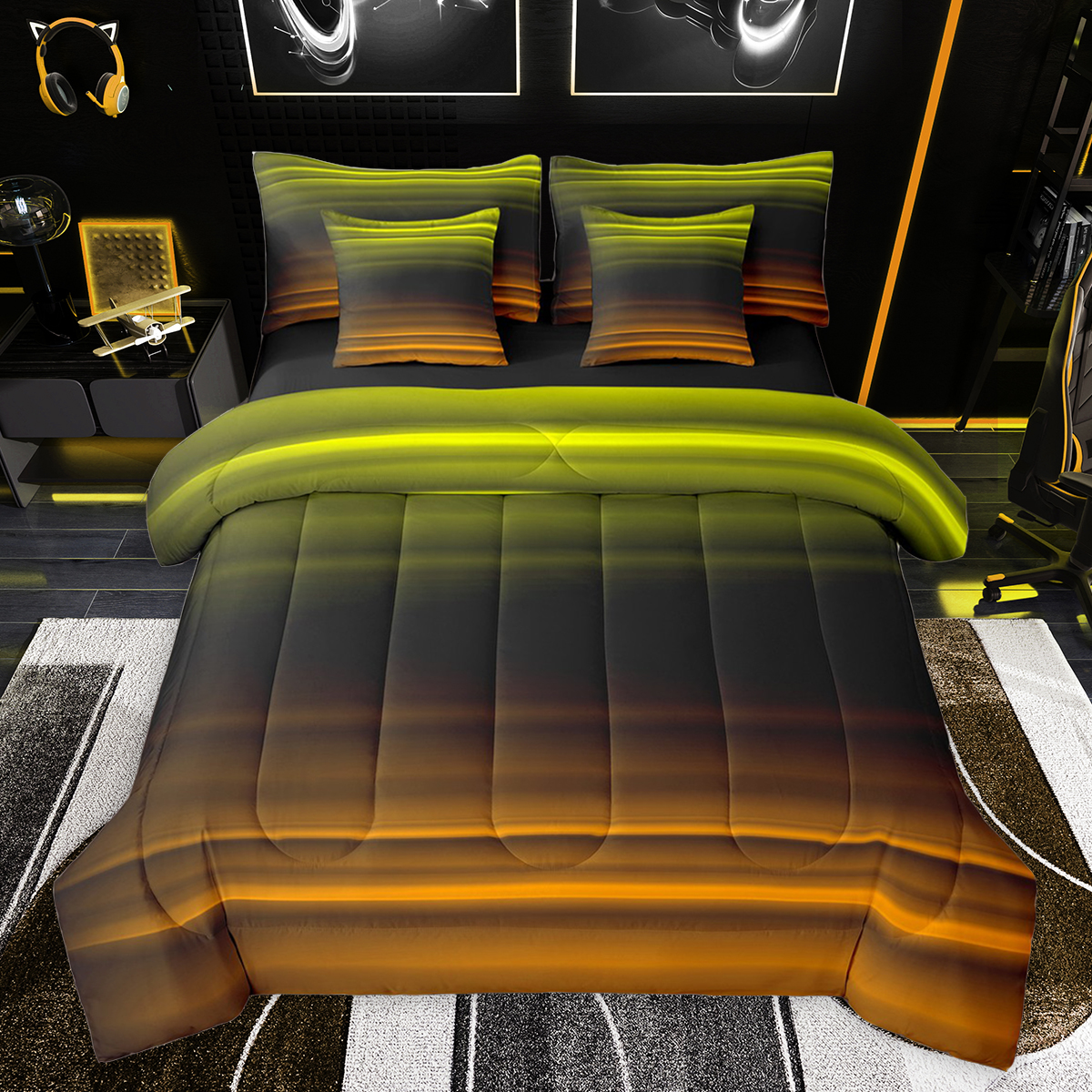 jejeloiu Modern Geometric Stripe 7-Piece Bedding Comforter Set,Abstract ...