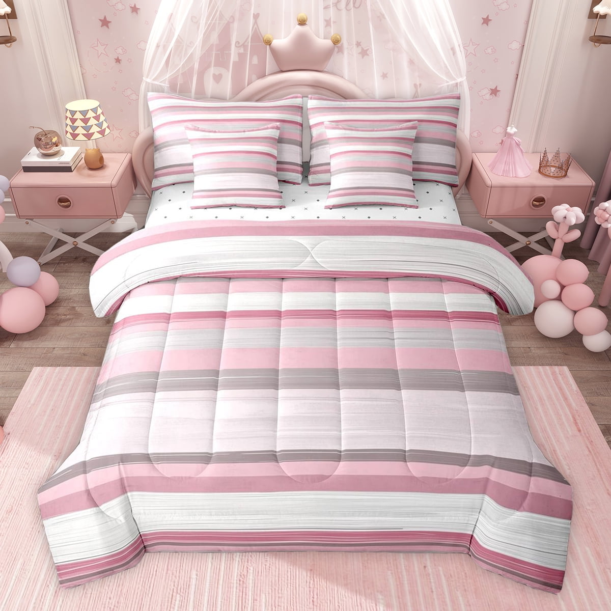 jejeloiu Modern Geometric Stripes 7pcs Bedding Comforter Set,Pink Lines ...