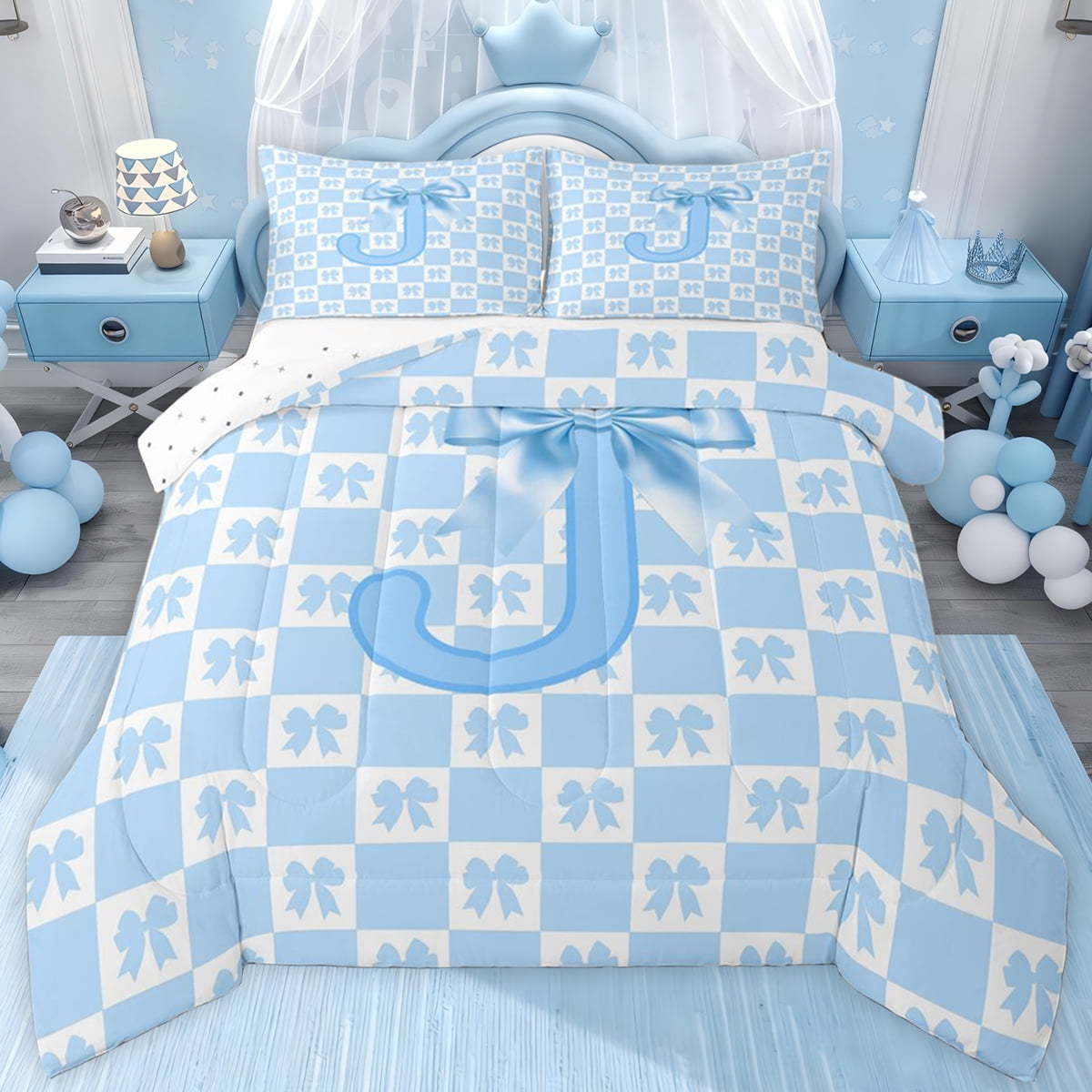 jejeloiu Monogrammed J Letter Twin Comforter Sets,Blue Cute Bows ...