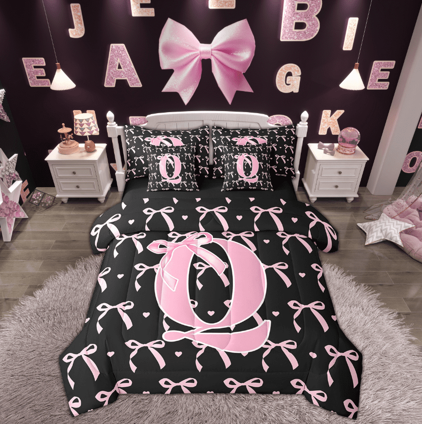 jejeloiu Monogrammed Q Bedding Comforter Set,7pcs,Cute Bow Bowtie ...