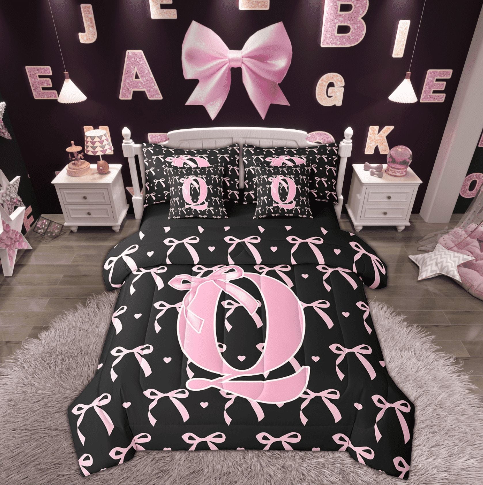 jejeloiu Monogrammed Q Bedding Comforter Set,7pcs,Cute Bow Bowtie Queen ...