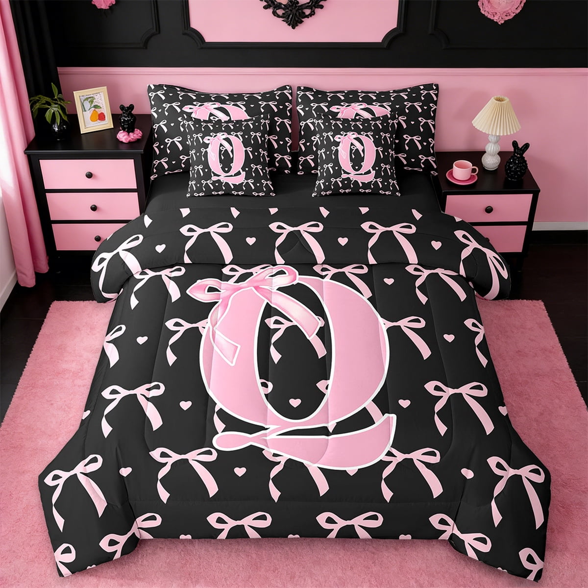 jejeloiu Monogrammed Q Bedding Comforter Set,7pcs,Cute Bow Bowtie Queen ...