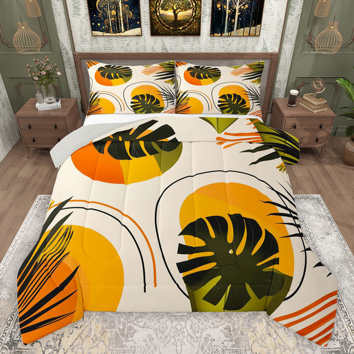 jejeloiu Monstera Leaf Plant Bedding Comforter Set,Abstract Geometric ...