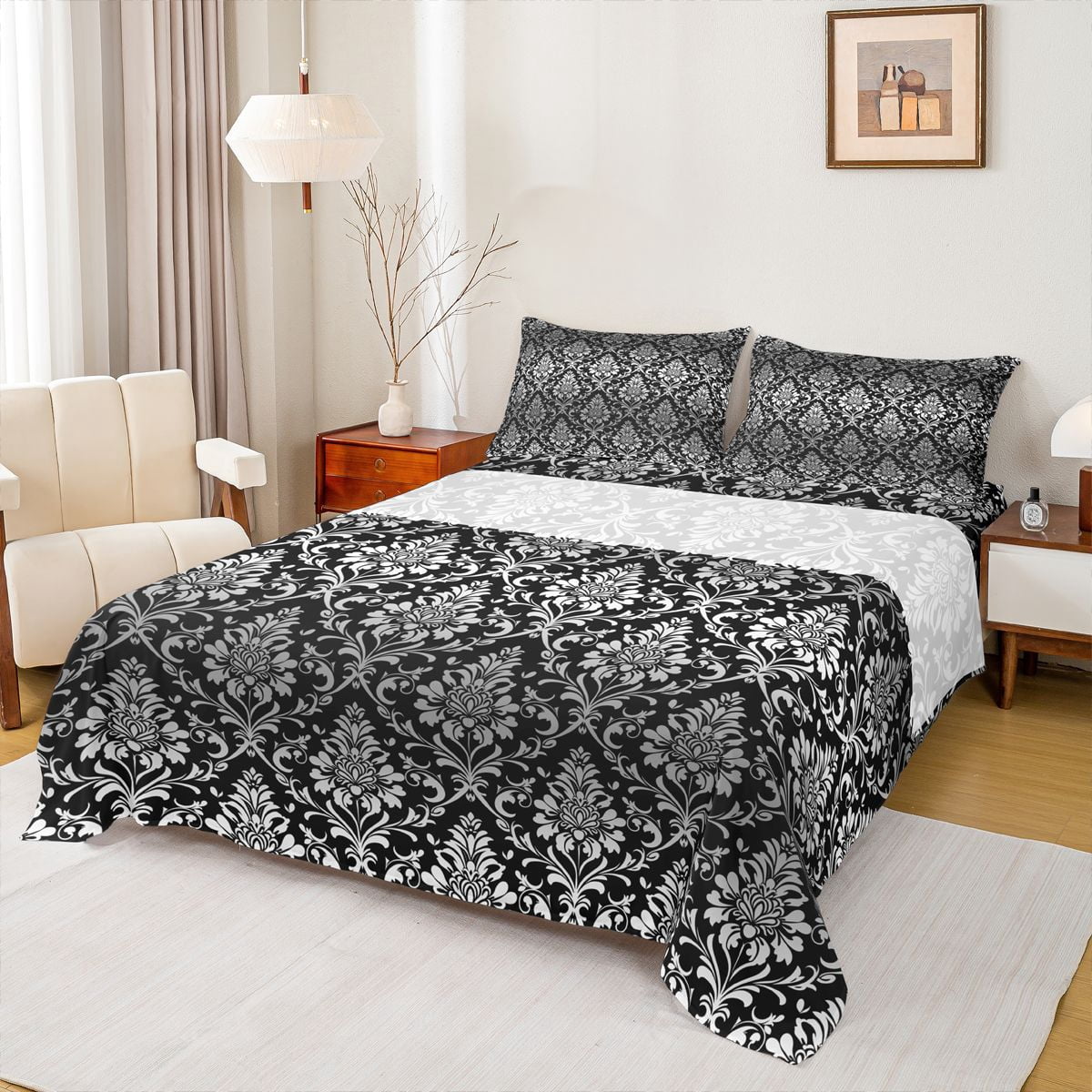 jejeloiu Moody Damask Queen Sheets,High Contrast Print Queen Sheet Sets ...