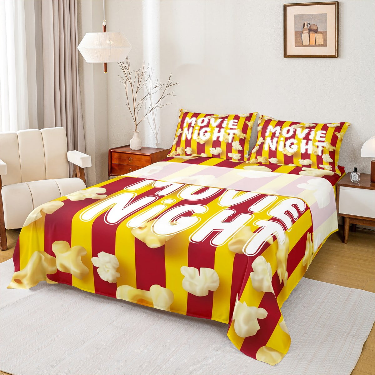 jejeloiu Movie Night Full Size Sheets,Yellow Popcorn Bed Sheets,Home ...