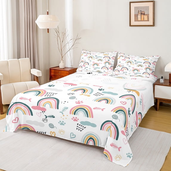 jejeloiu Multicolor Cute Rainbow Bed Sheets,Kawaii Dogs Paws King ...