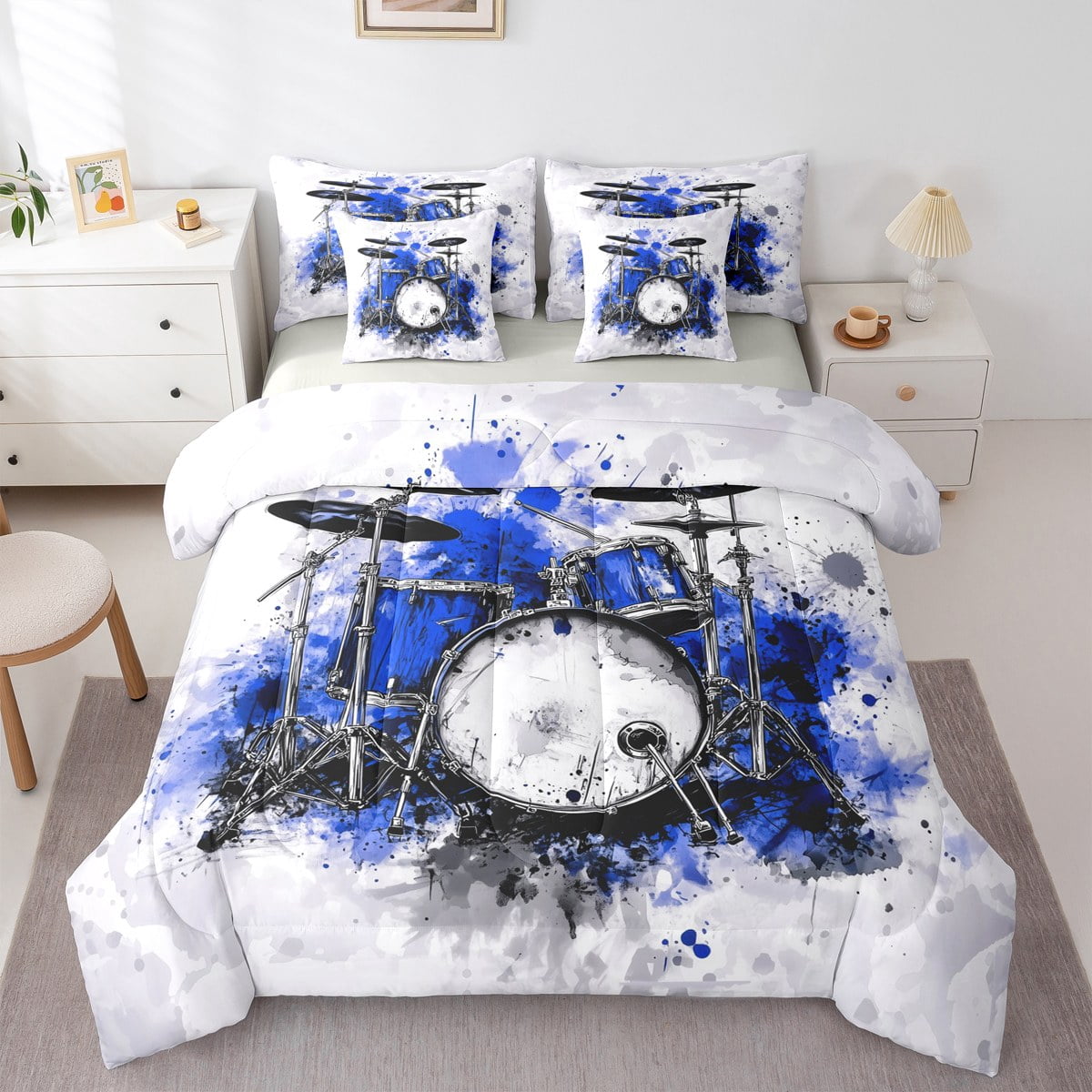 jejeloiu Music Drum Set Bedding Comforter Set 7-Piece,Blue Splashing ...