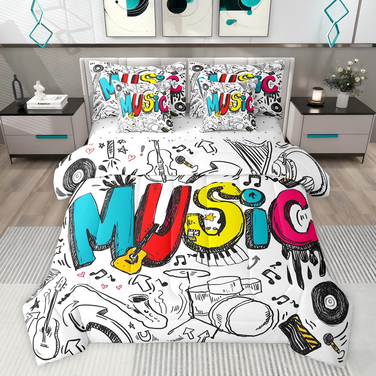 jejeloiu Music Theme 7-Piece Bedding Comforter Set,Colorful Hippie ...