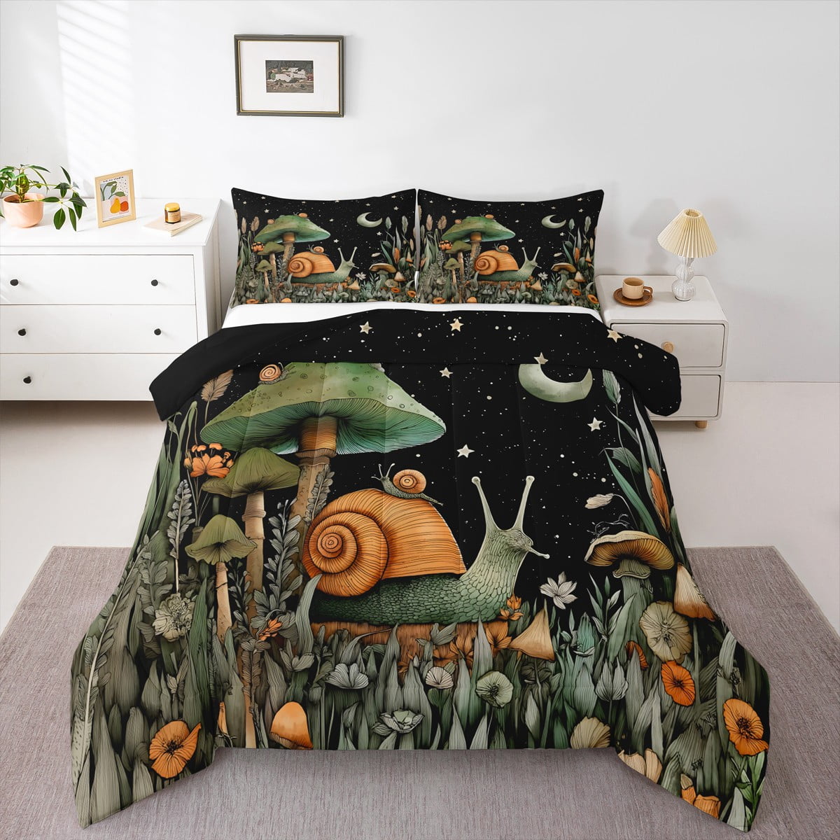 jejeloiu Natural Wild Fungus Queen Comforter Set,Kawaii Snail Bedding Sets,Galaxy Starry Sky ...