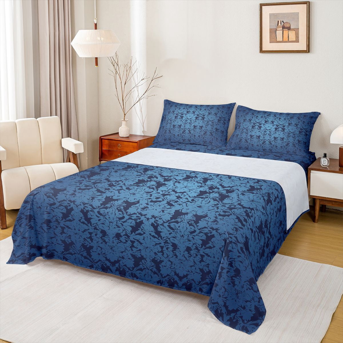 jejeloiu Nautical Damask Queen Sheets,Blue Print Queen Sheet Sets For ...