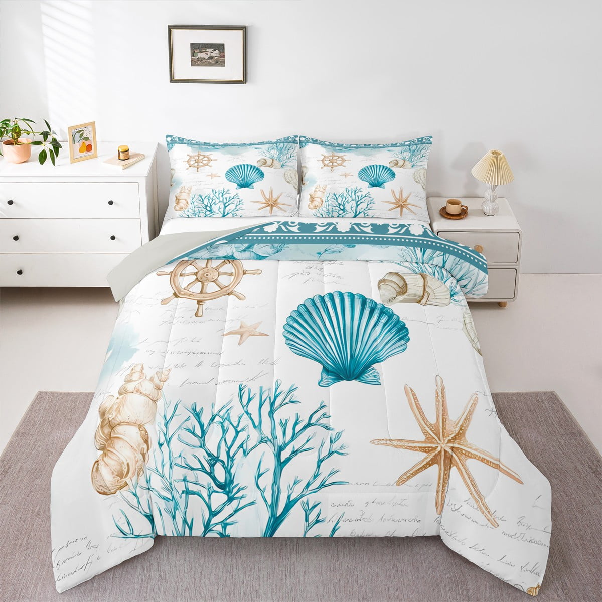 jejeloiu Navigation Theme Rudder Bedding Comforter Set,Sea Aniaml Shell ...