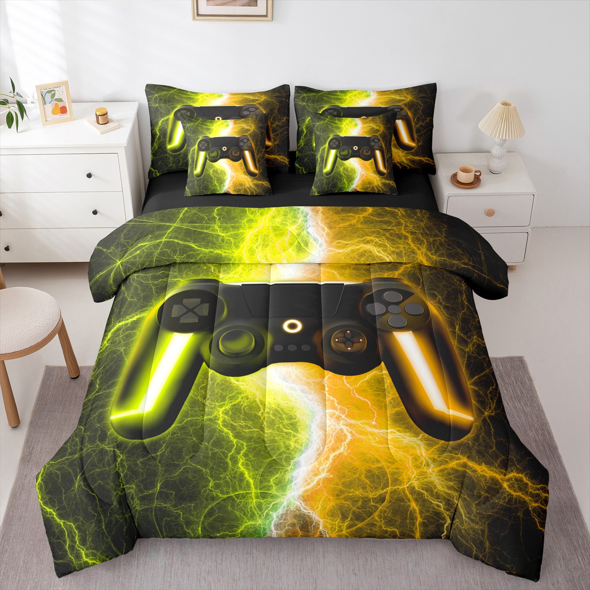 jejeloiu Neon Gamepad Bedding Comforter Set,7pcs,Abstract Lightning ...