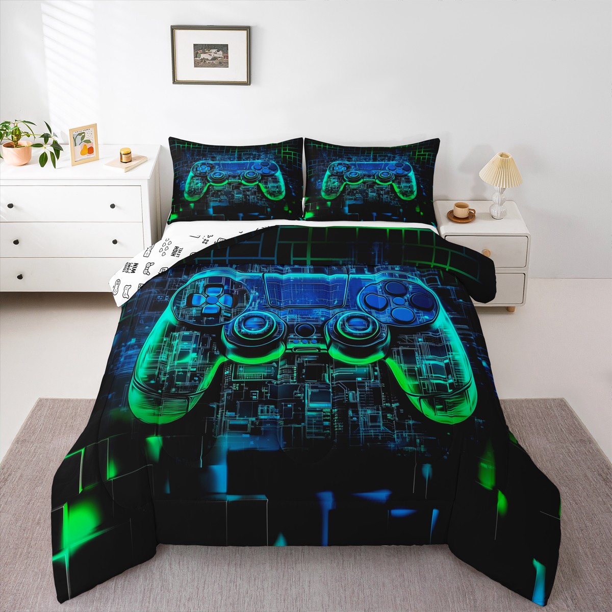 jejeloiu Neon Gamepad King Size Comforter Sets,Modern Video Game ...
