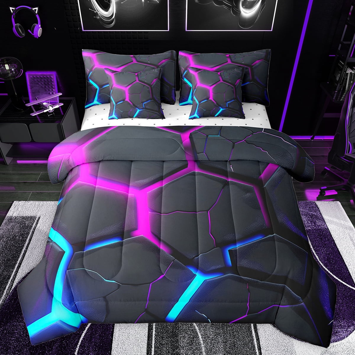 jejeloiu Neon Geometric Honeycomb 7-Piece Bedding Comforter Set,Modern ...