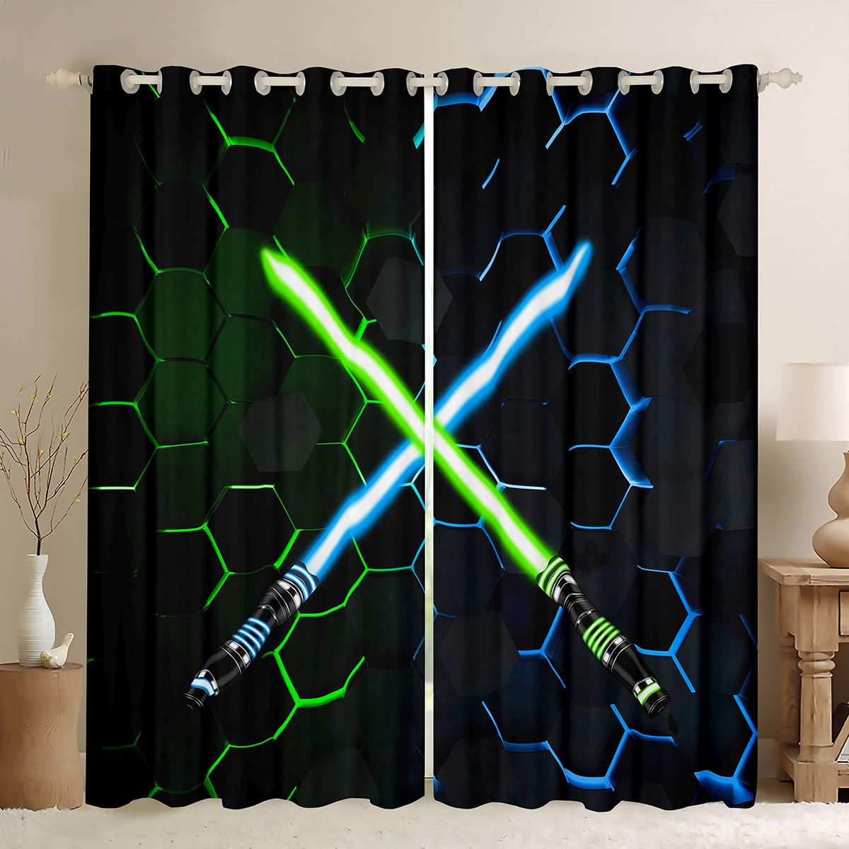 jejeloiu Neon Glowling Lightsaber Curtains Pack of 2 (42x84 Each ...