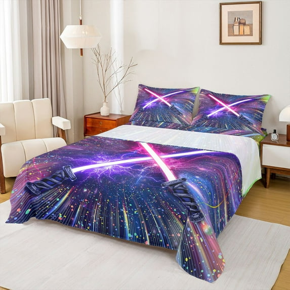 jejeloiu Neon Light Sword Bed Sheets,Cartoon Lightsaber Gaming King ...