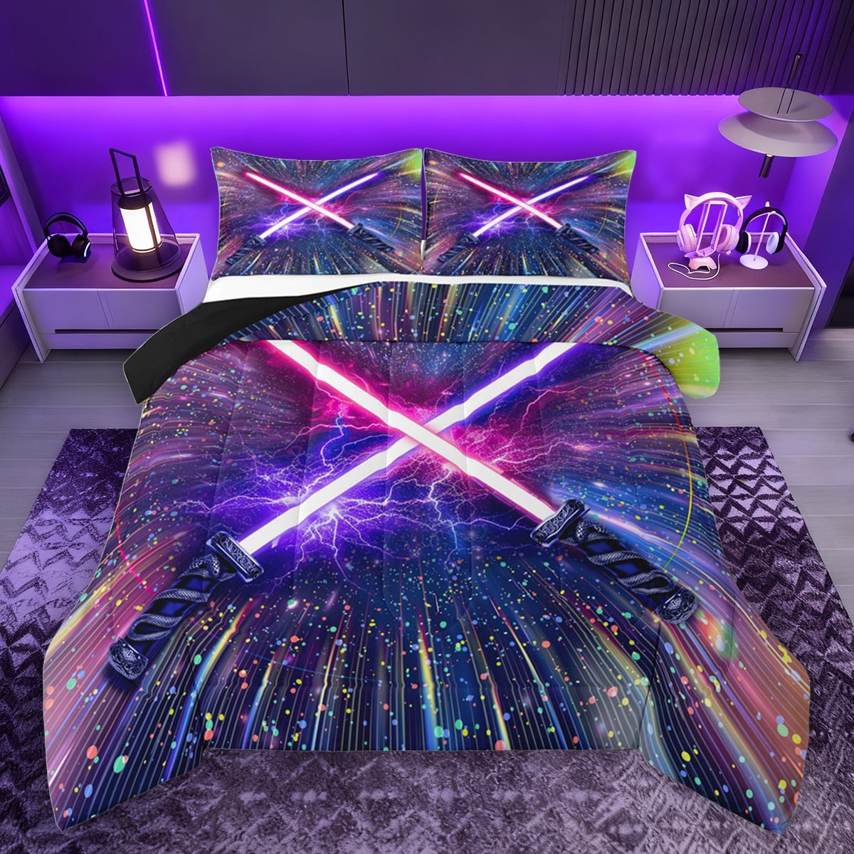 jejeloiu Neon Light Sword Bedding Comforter Set,Cartoon Lightsaber ...