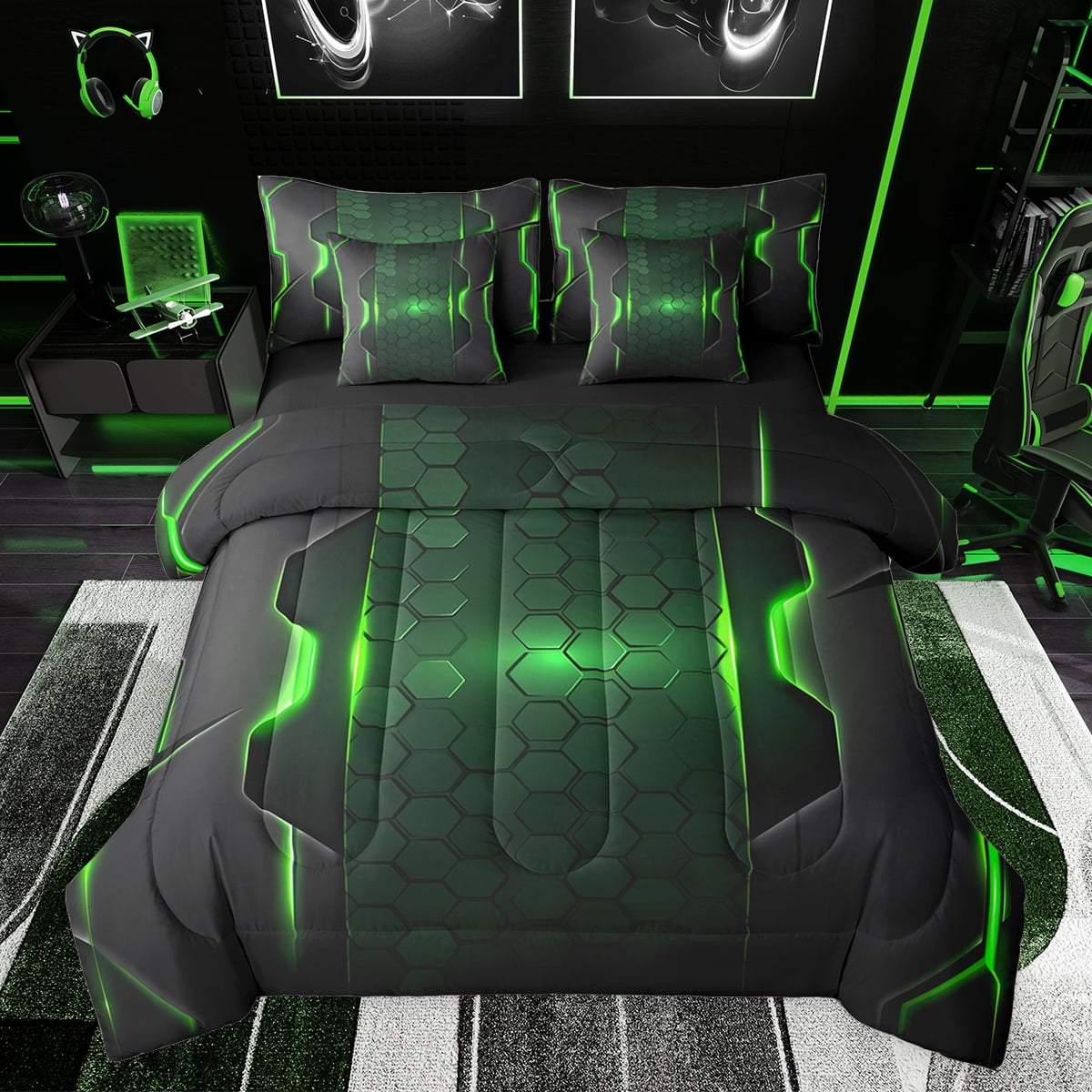 jejeloiu Neon Pgreen Black 7-Piece Bedding Comforter Set,Abstract ...