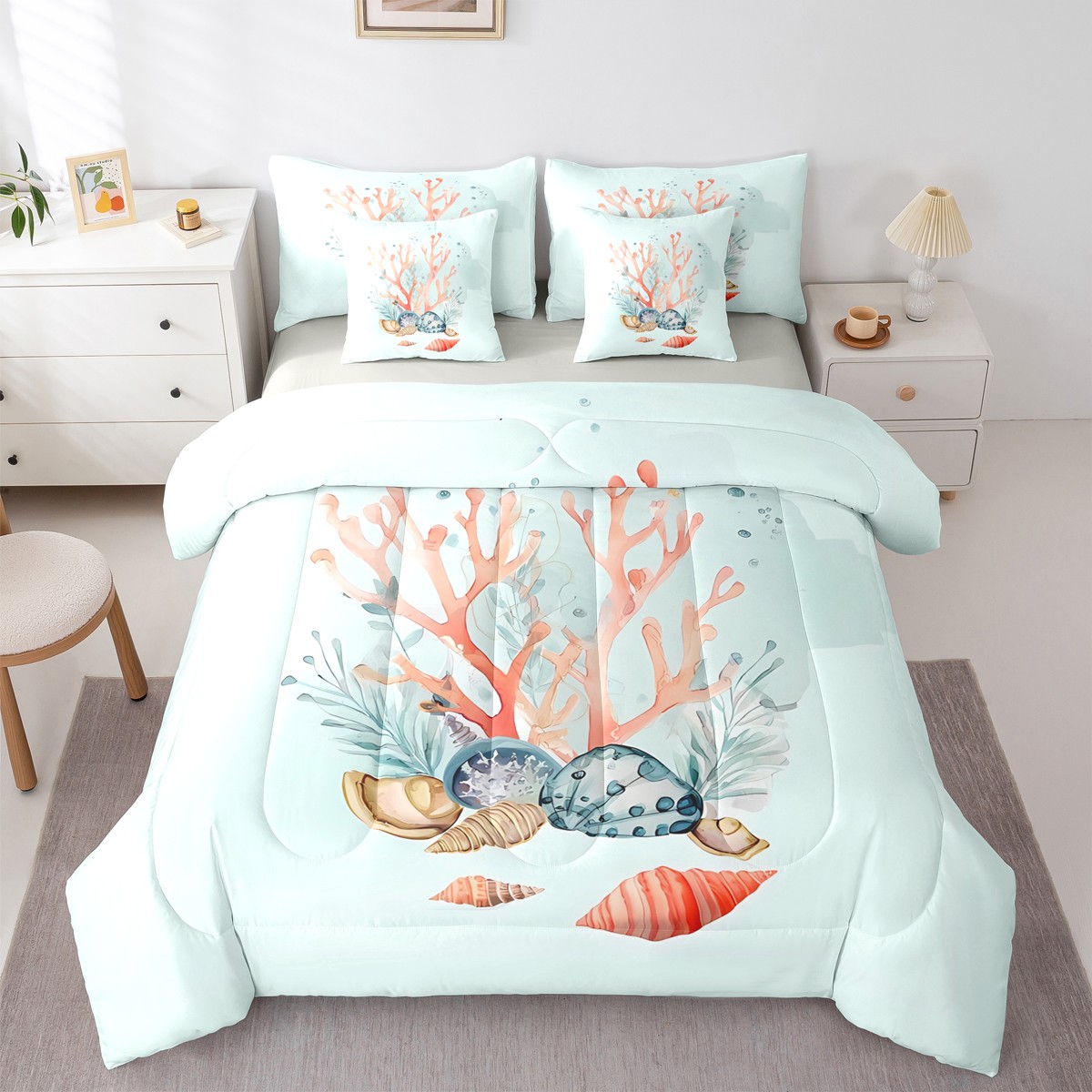 jejeloiu Ocean Coral Shell Bedding Comforter Set 7-Piece,Sea Aniaml ...