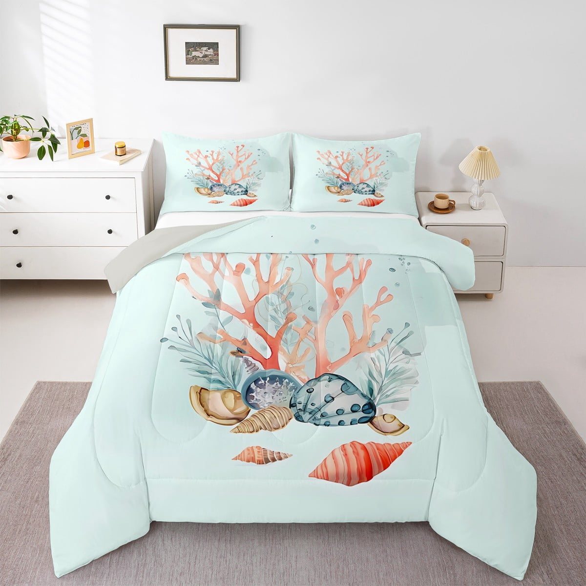 jejeloiu Ocean Coral Shell Bedding Comforter Set,Sea Aniaml Twin ...