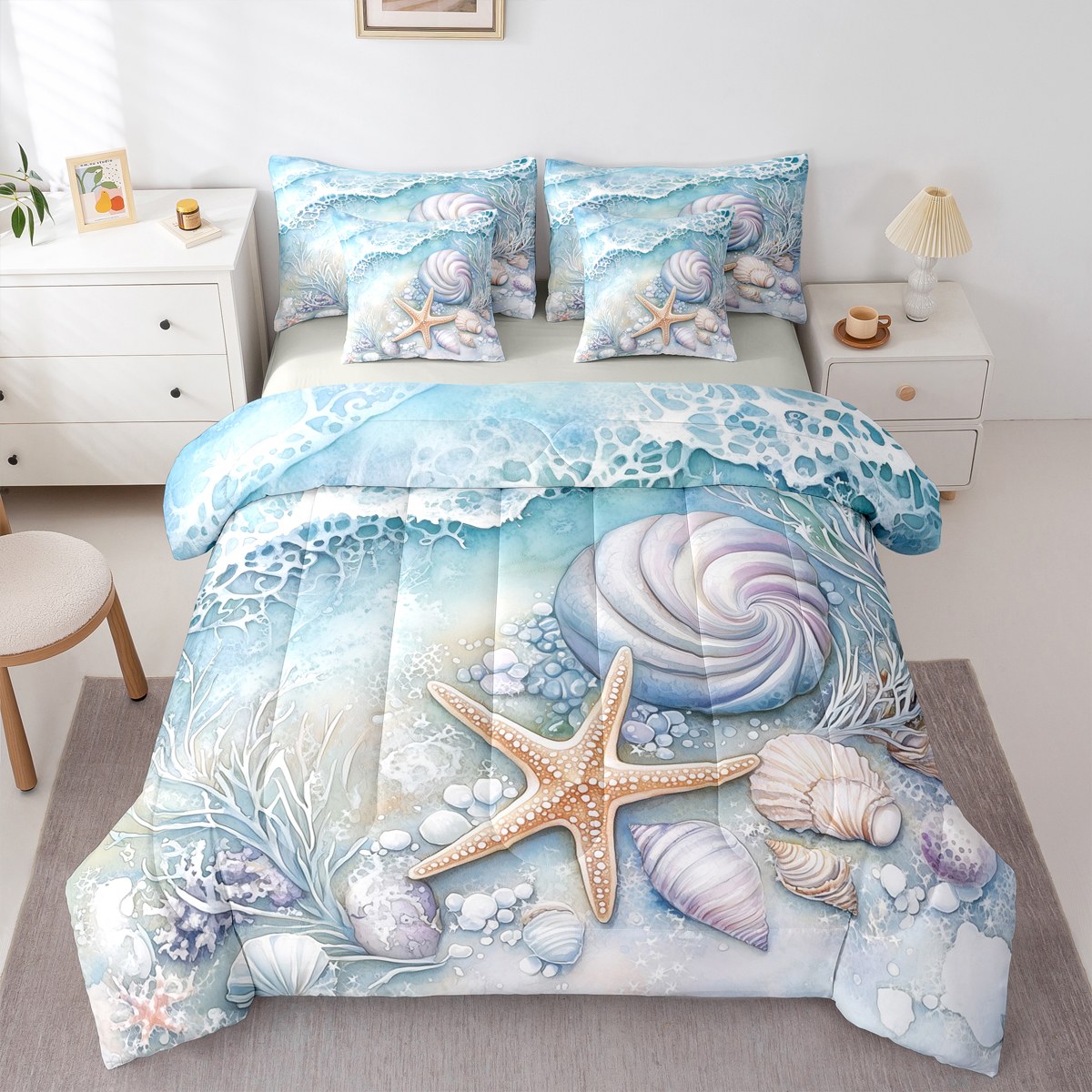 jejeloiu Ocean Coral Starfish Bedding Comforter Set 7pcs,Ocean Animal ...