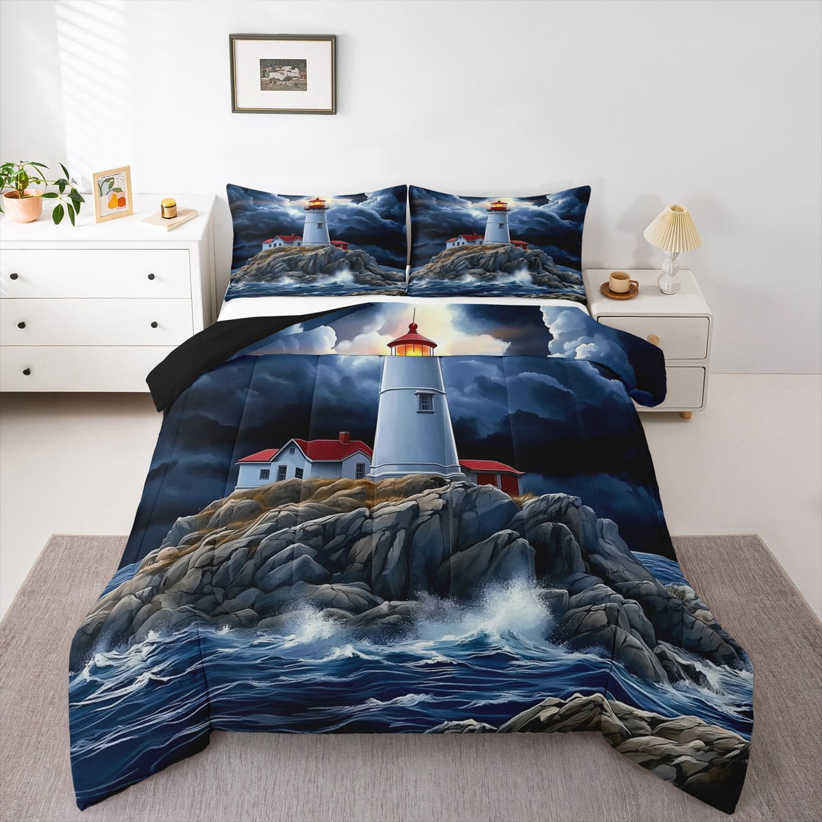 jejeloiu Ocean Lighthouse Full Size Comforter Sets,Sea Waves Bedding ...