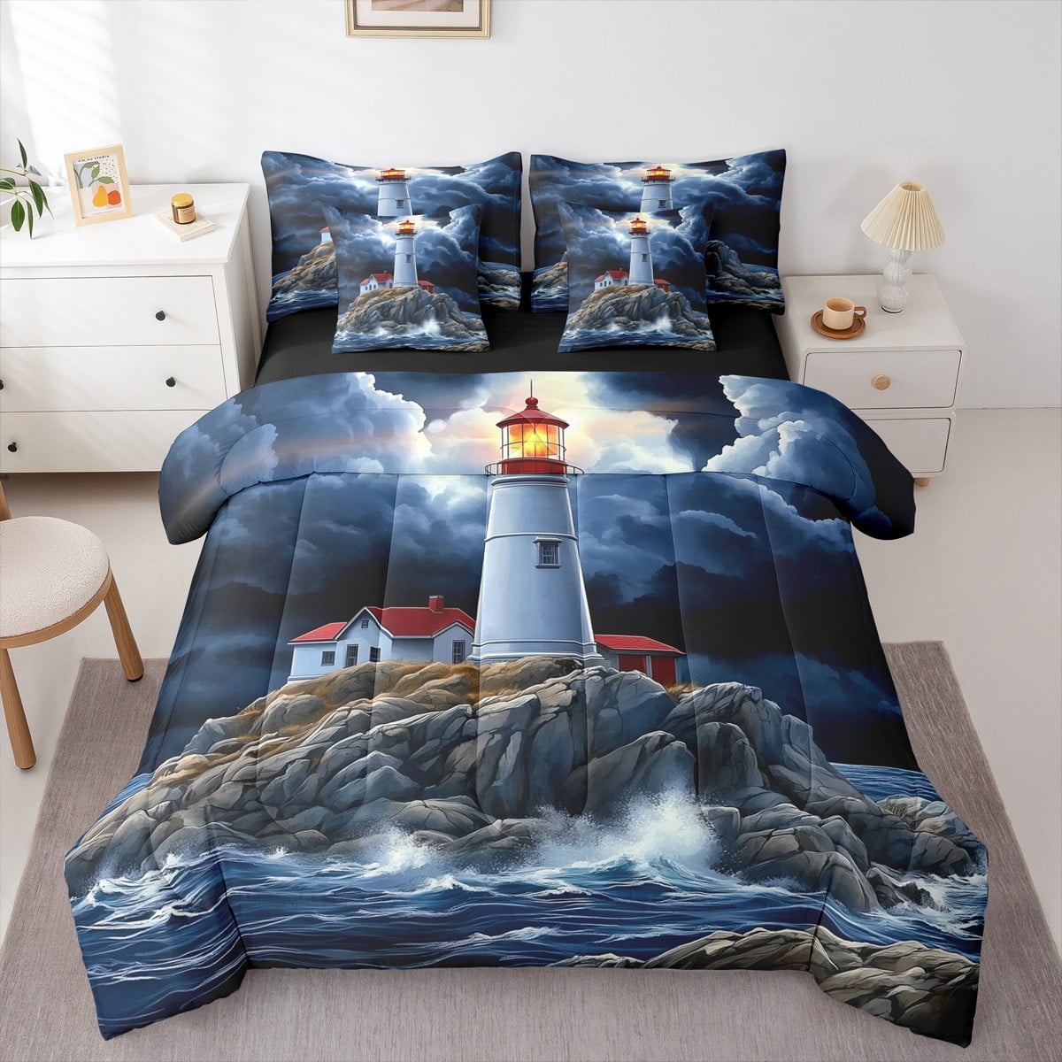 jejeloiu Ocean Lighthouse Twin Bedding Sets 7-Piece,Sea Waves Bedding ...