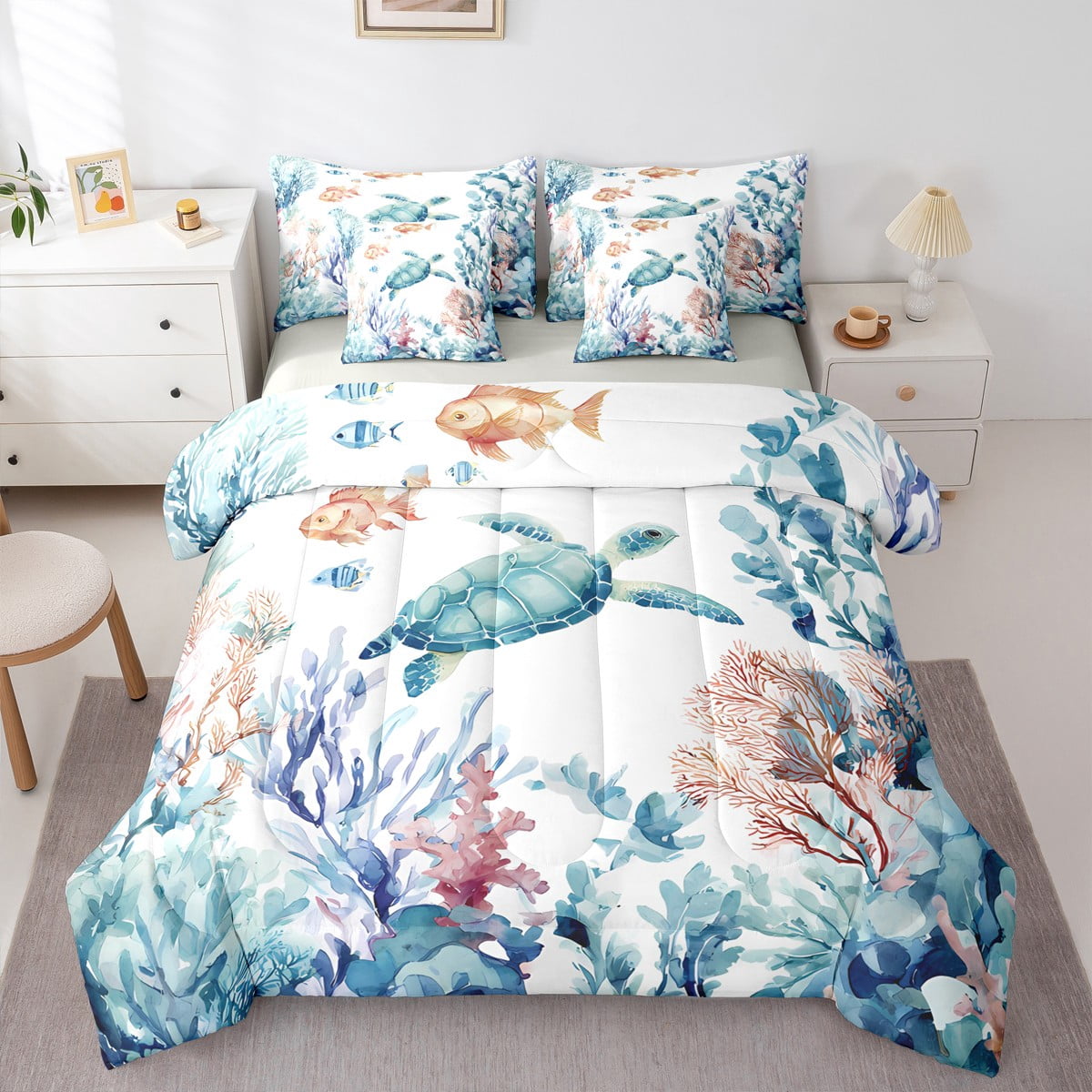 jejeloiu Ocean Turtle Goldfish Twin Bedding Sets 7-Piece,Sea Aniaml ...