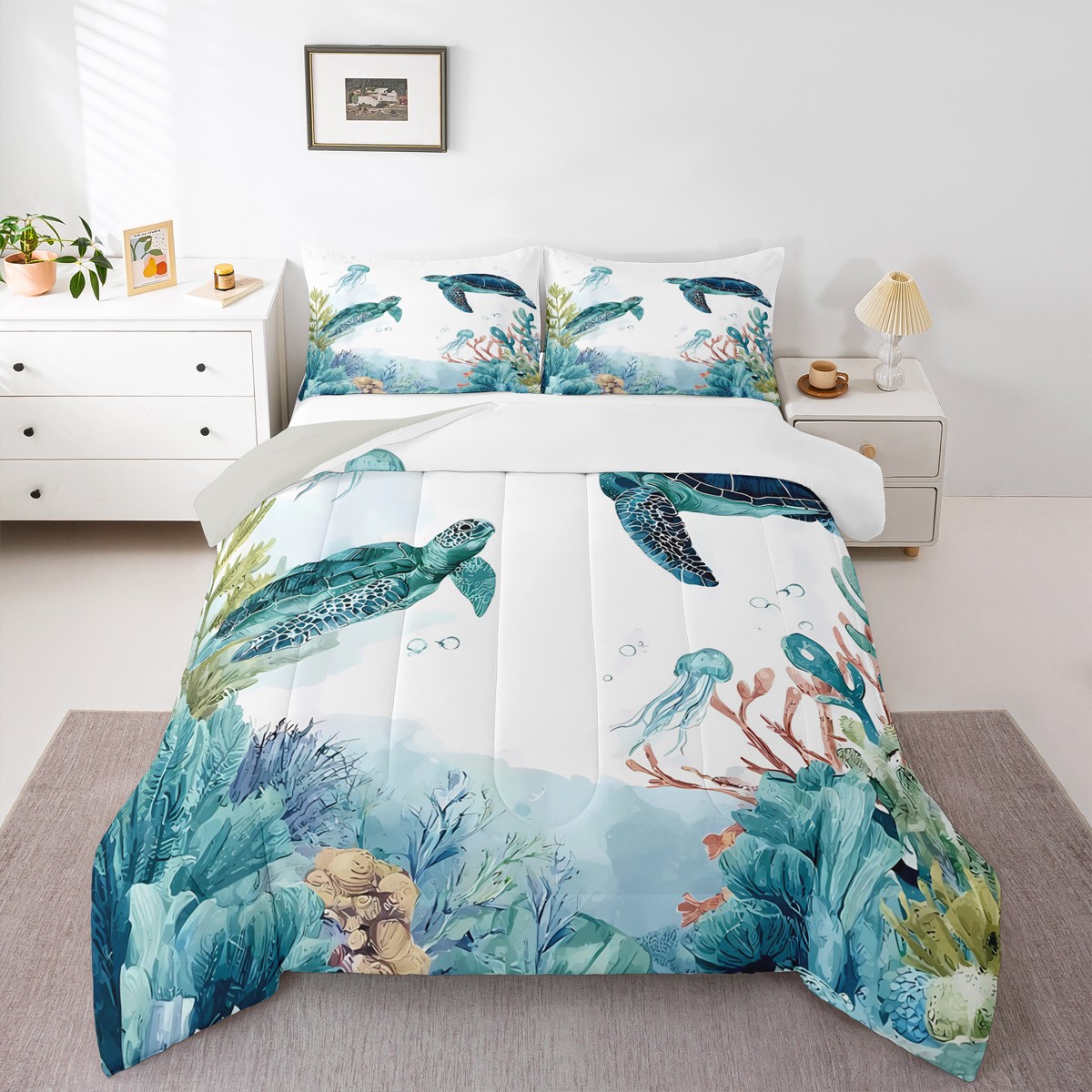 jejeloiu Ocean Turtle Jellyfish Bedding Comforter Set,Sea Aniaml Twin ...