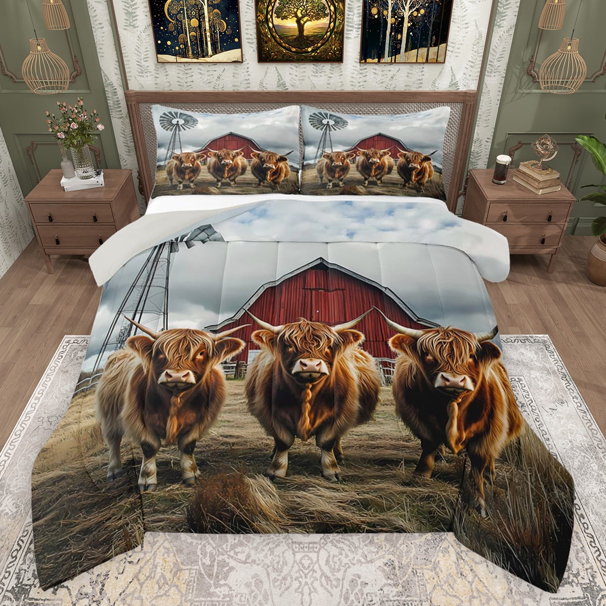 jejeloiu Old Barn Door Bedding Comforter Set,Rustic Highland Cattle ...