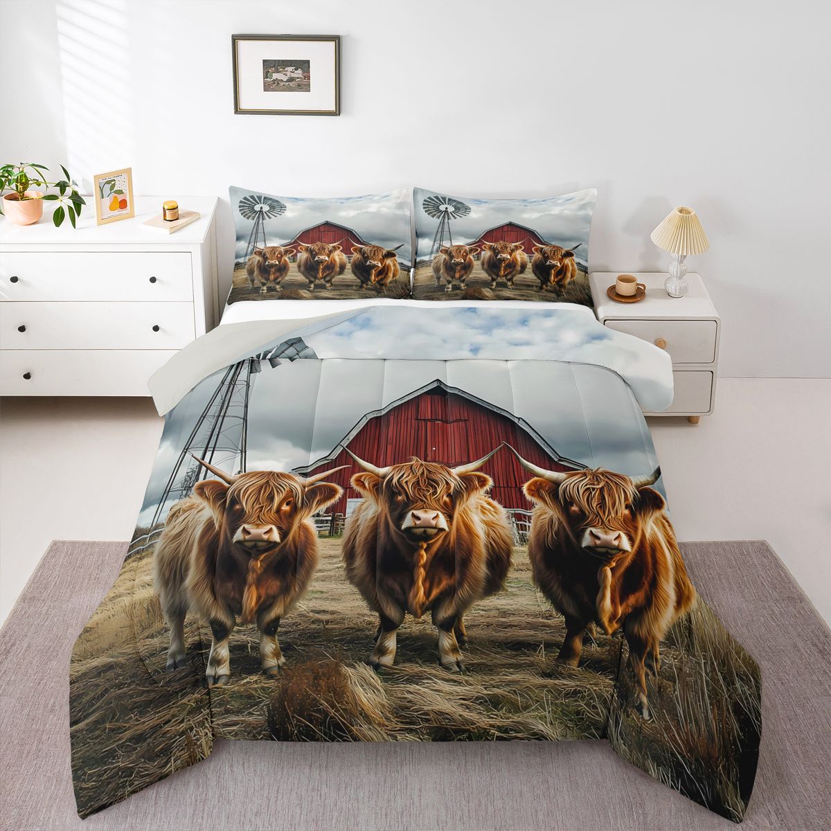 jejeloiu Old Barn Door Full Size Comforter Sets,Rustic Highland Cattle ...