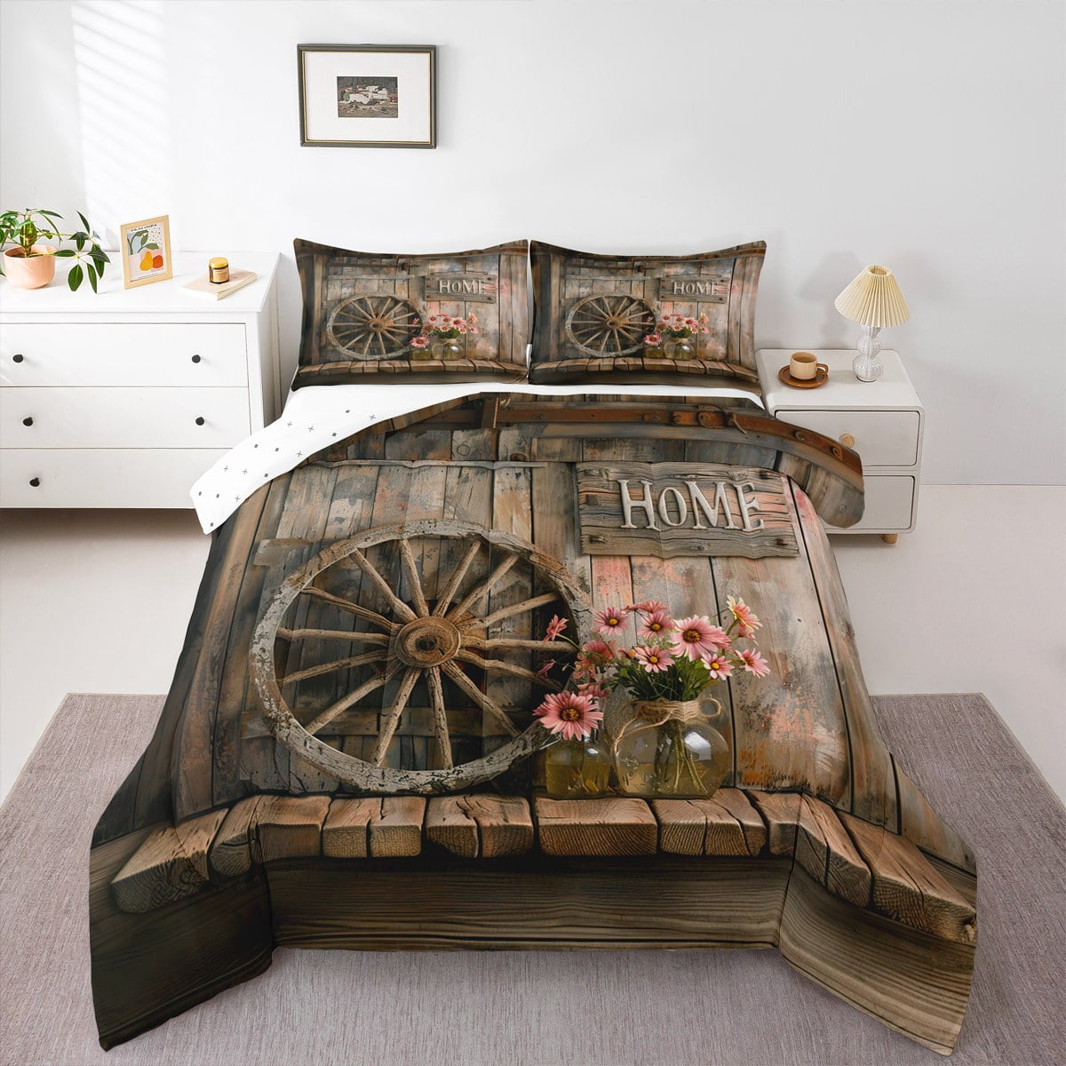 jejeloiu Old Barn Door Queen Comforter Set,Rustic Farmhouse Wheel ...