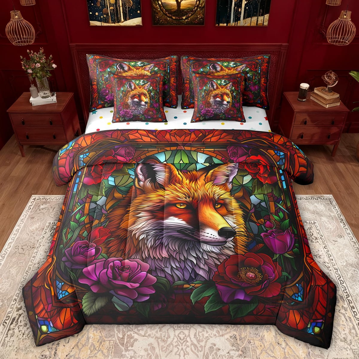jejeloiu Orange Fox Animal 7-Piece Twin Bedding Sets,Colorful Botanical ...
