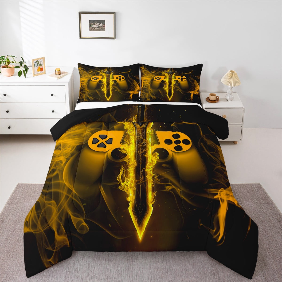 jejeloiu Orange Gamepad Full Size Comforter Sets,Modern Video Game ...
