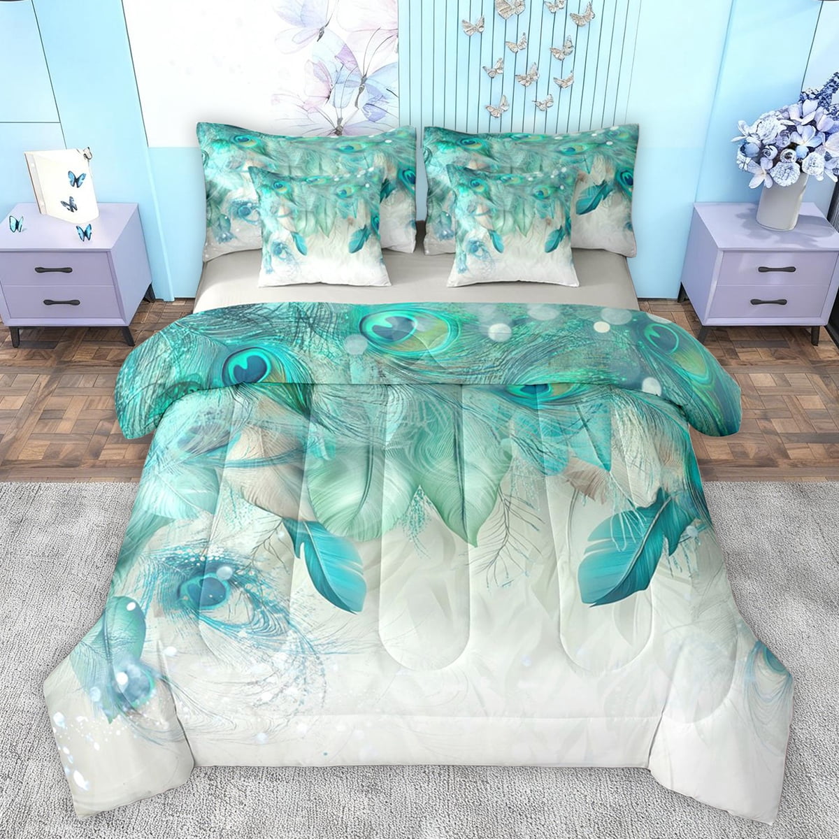 jejeloiu Peacock Feather 7-Piece Twin Bedding Sets,Modern Aesthetic Art ...