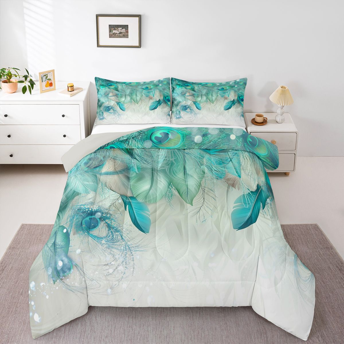 jejeloiu Peacock Feather Bedding Comforter Set,Modern Aesthetic Art ...
