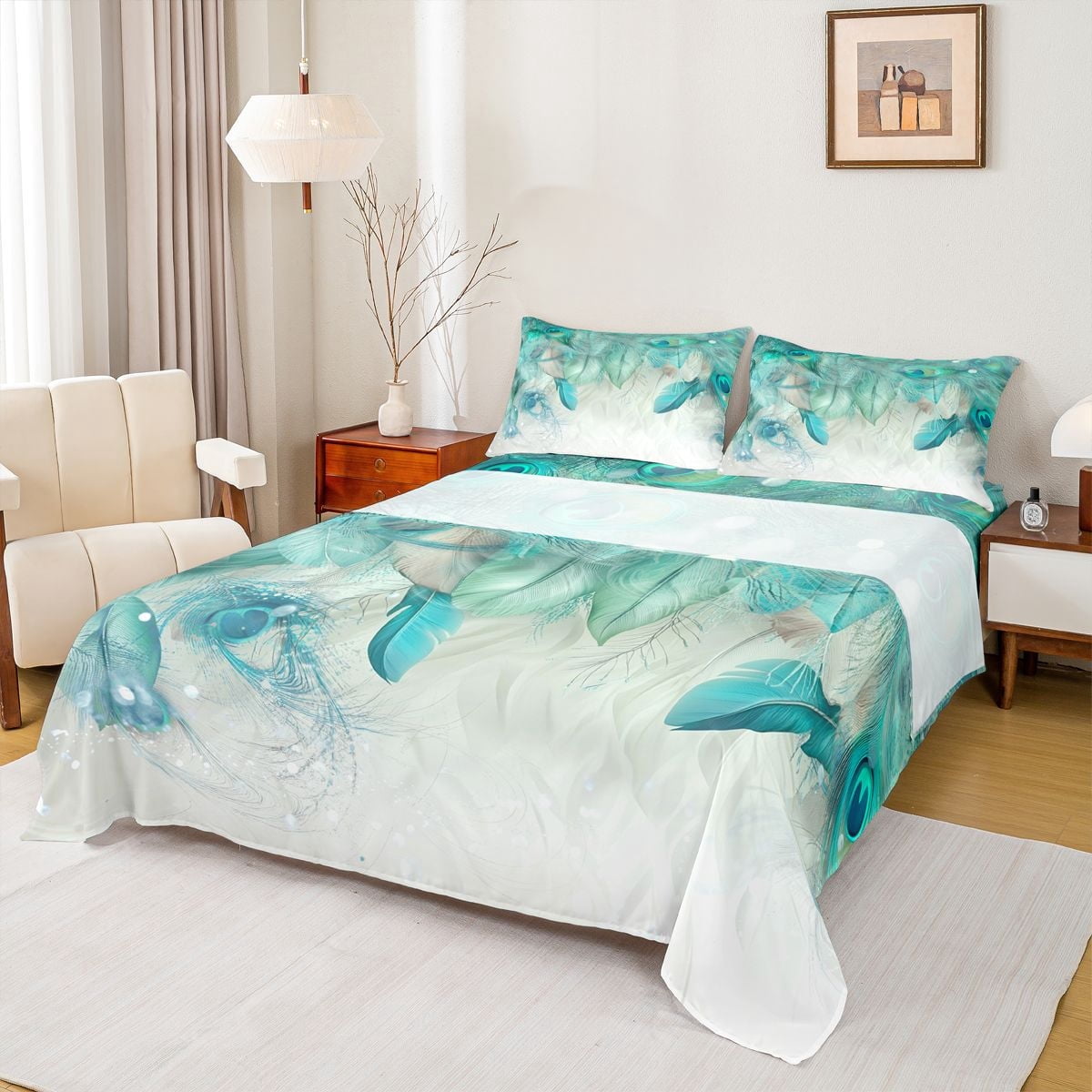 jejeloiu Peacock Feather Full Size Sheets,Modern Aesthetic Art Bed ...