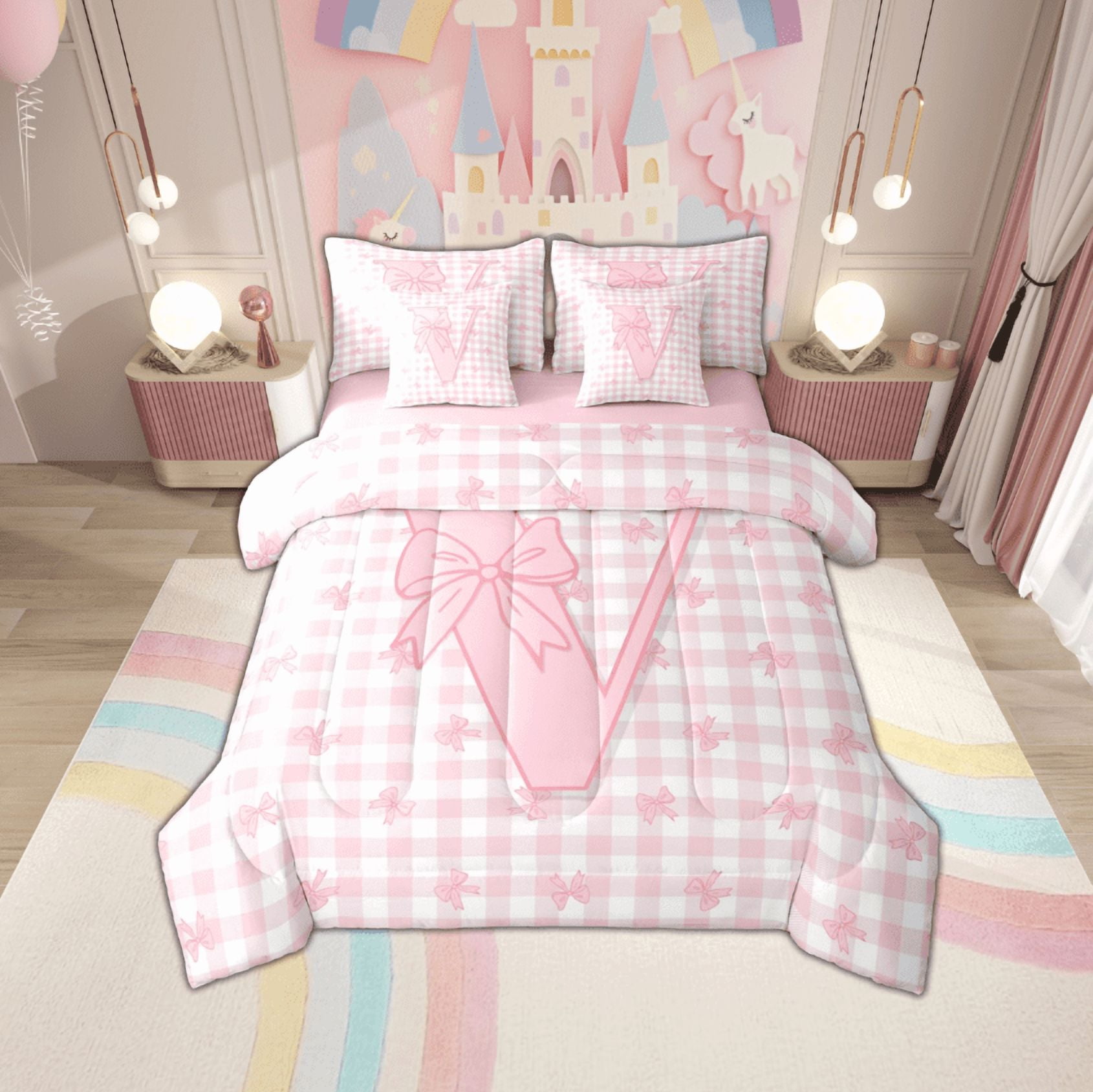 jejeloiu Personalized Gifts Bow Bedding Comforter Set 7pcs,Letter V ...